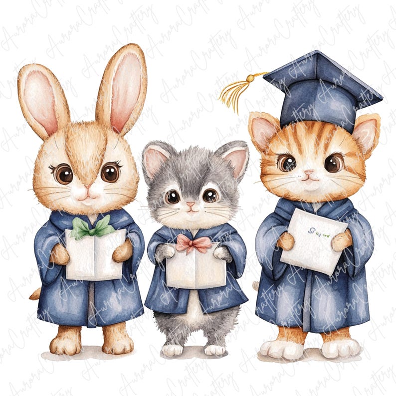 6 Graduation Animal Friends Clipart, Watercolor Rabbits, Cats & Dogs in ...