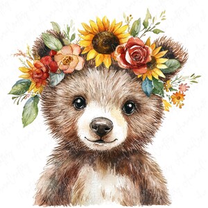 5 Watercolor Floral Bear Clipart, Cute Bears With Flower Crowns ...