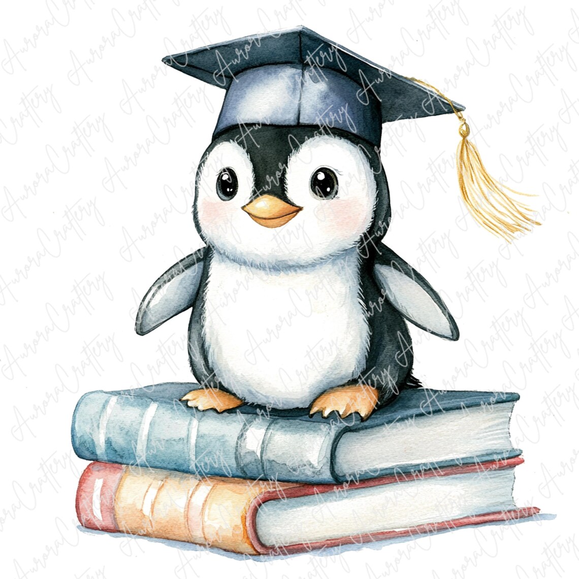 7 Graduation Penguin Clipart, Watercolor Penguins in Caps With Stacked ...