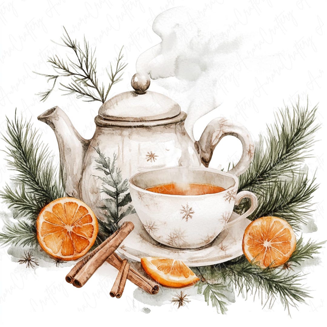 7 Watercolor Winter Teapot Clipart, Cozy Tea Sets With Oranges and ...