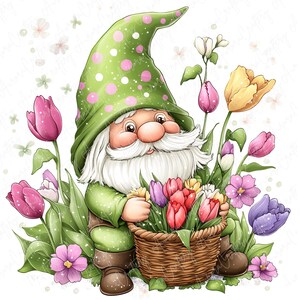 15 Spring Gnomes Clipart, Garden Gnome, Floral Gnome Clipart, Floral ...