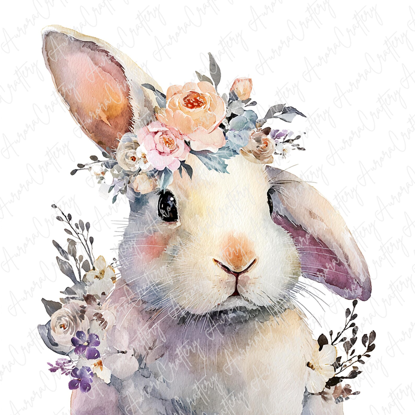 7 Watercolor Bunny Clipart With Flower Crowns, Cute Rabbit Clipart for ...