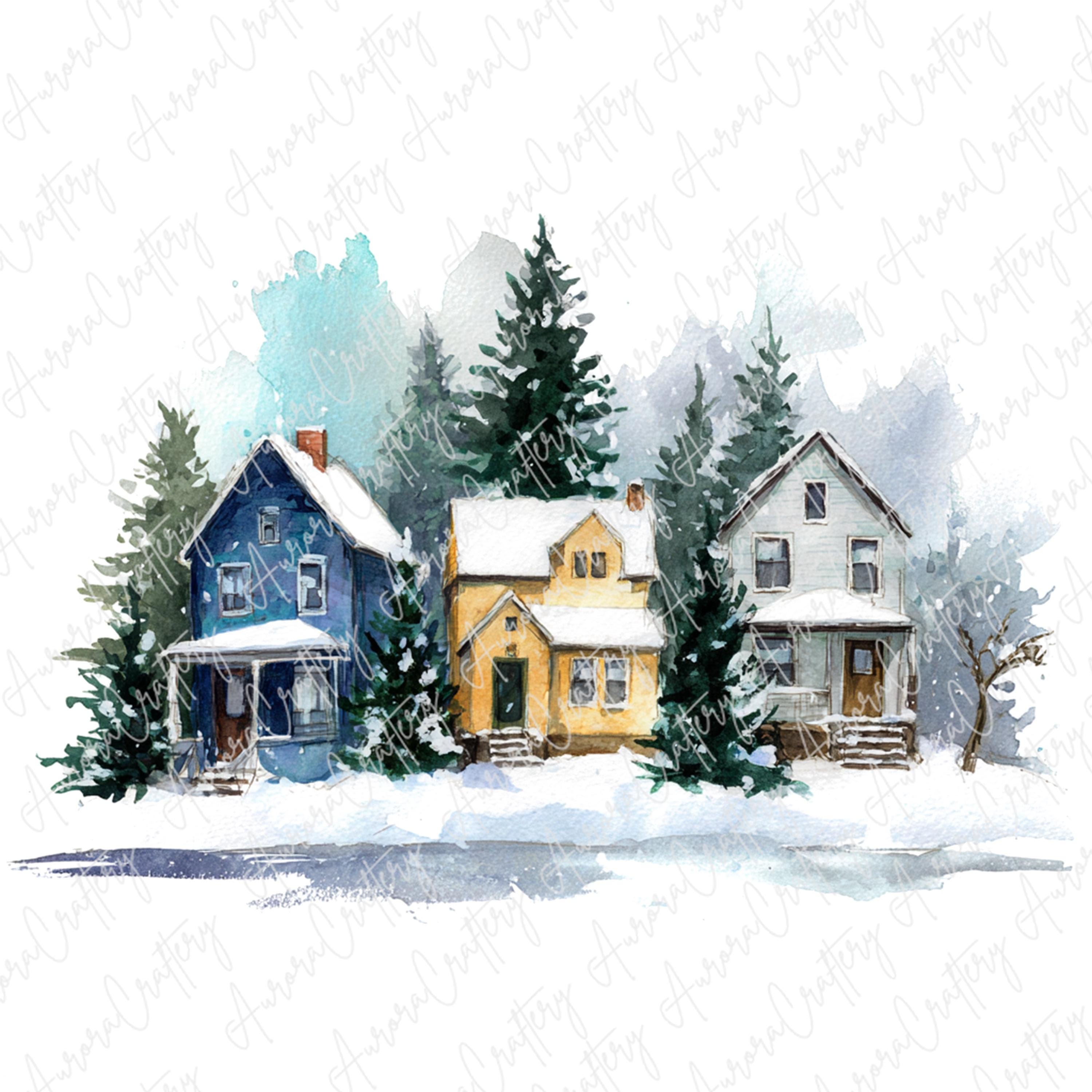 8 Watercolor Winter Village Houses Clipart, Snowy Pine Trees, Cozy ...