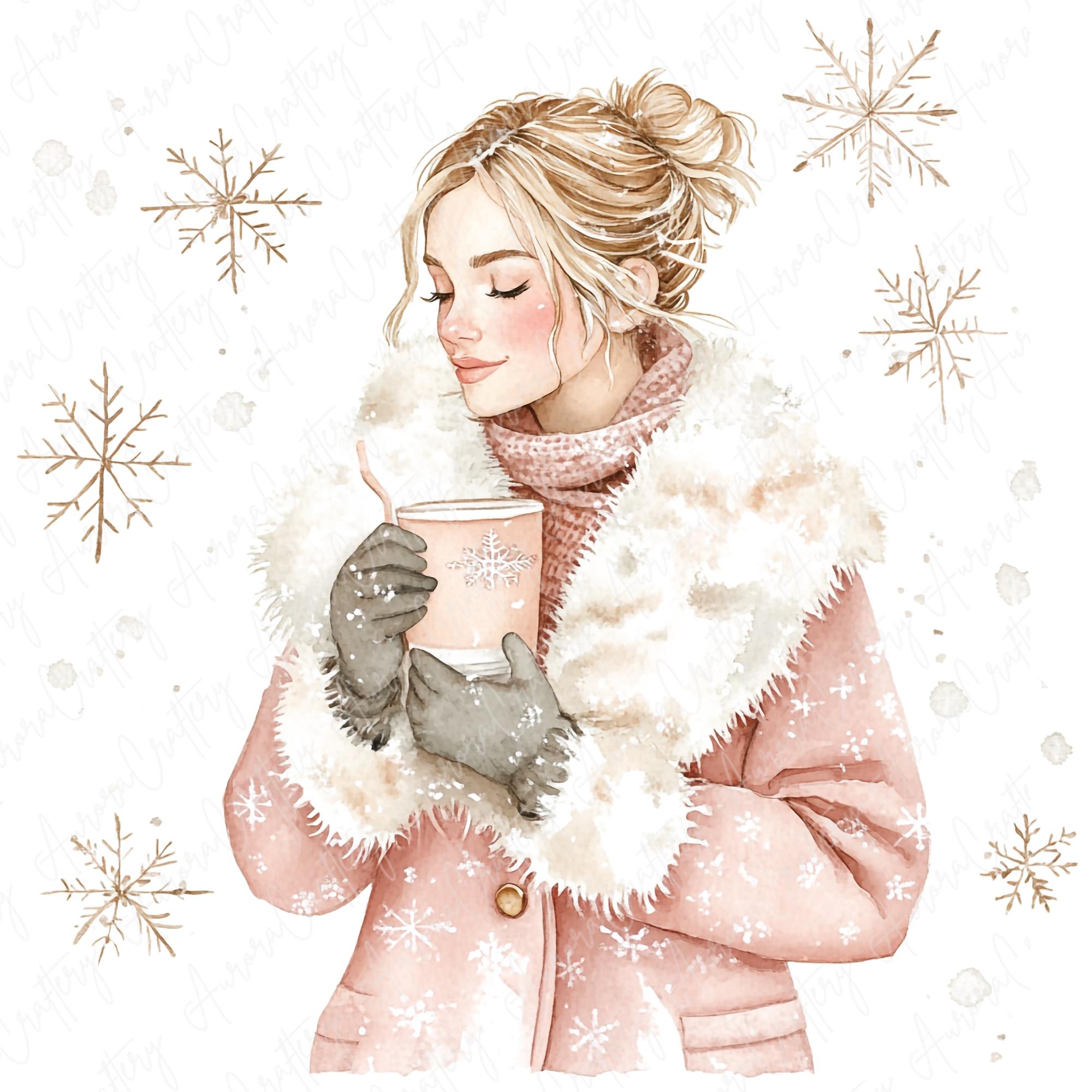 7 Watercolor Cozy Winter Lady Clipart, Hot Cocoa Clipart, Festive ...