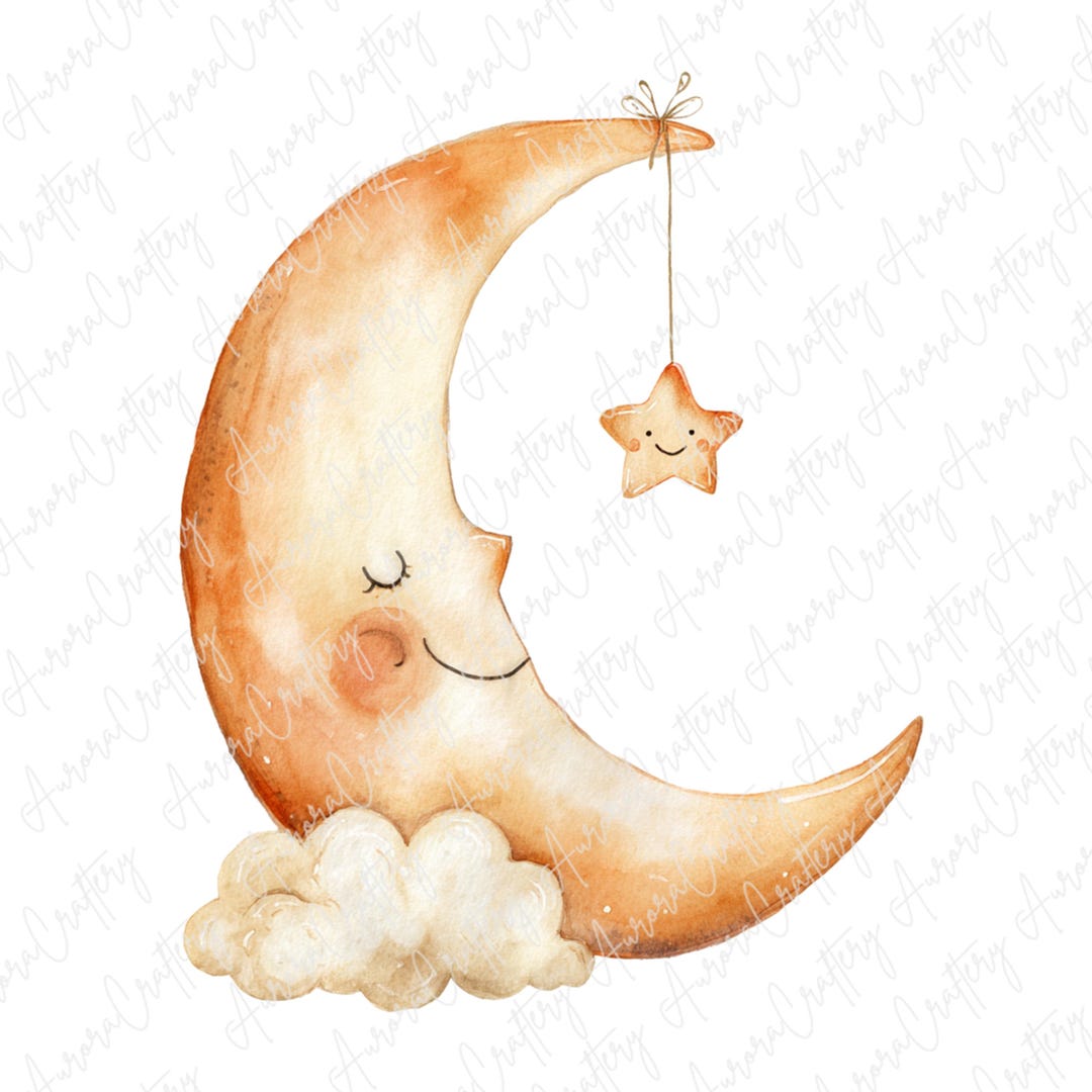 8 Watercolor Moon and Star Clipart, Cute Crescent Moon, Sleepy Nursery ...