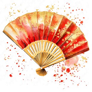 7 Golden Fan Clipart, Oriental Watercolor Fan, Chinese New Year Clipart ...