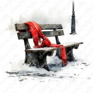 8 Watercolor Winter Bench Clipart, Snowy Park Benches With Red Scarf ...