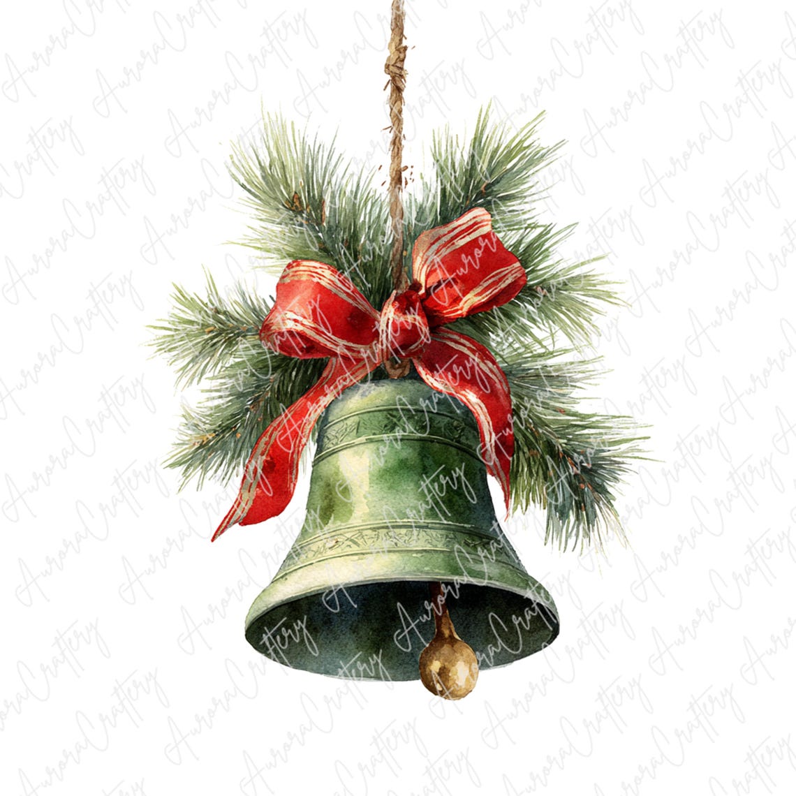 4 Watercolor Festive Bell Clipart, Bells With Bow and Pine, Green and ...