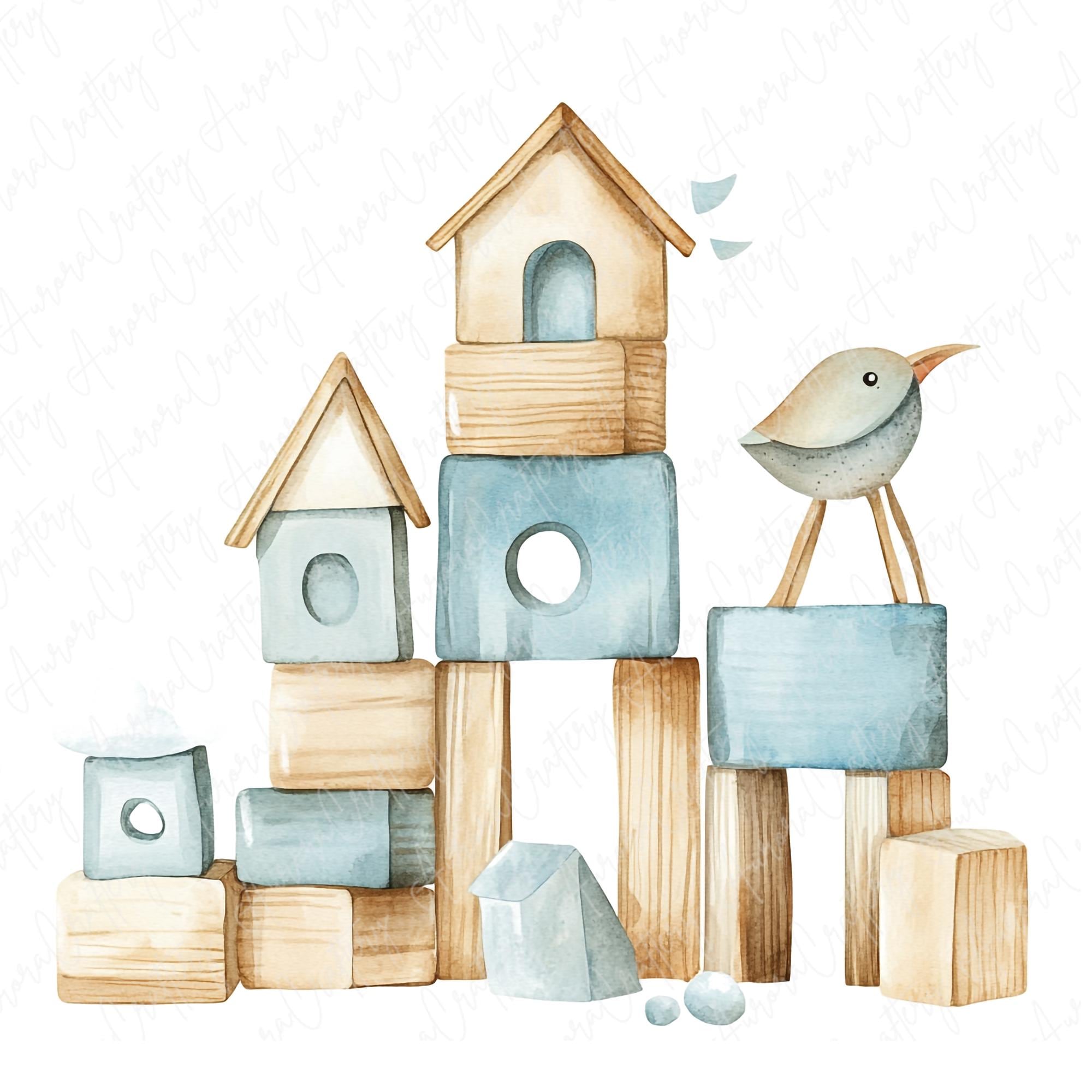 15 Baby Building Blocks Watercolor Clipart, Blue and Wooden Blocks ...