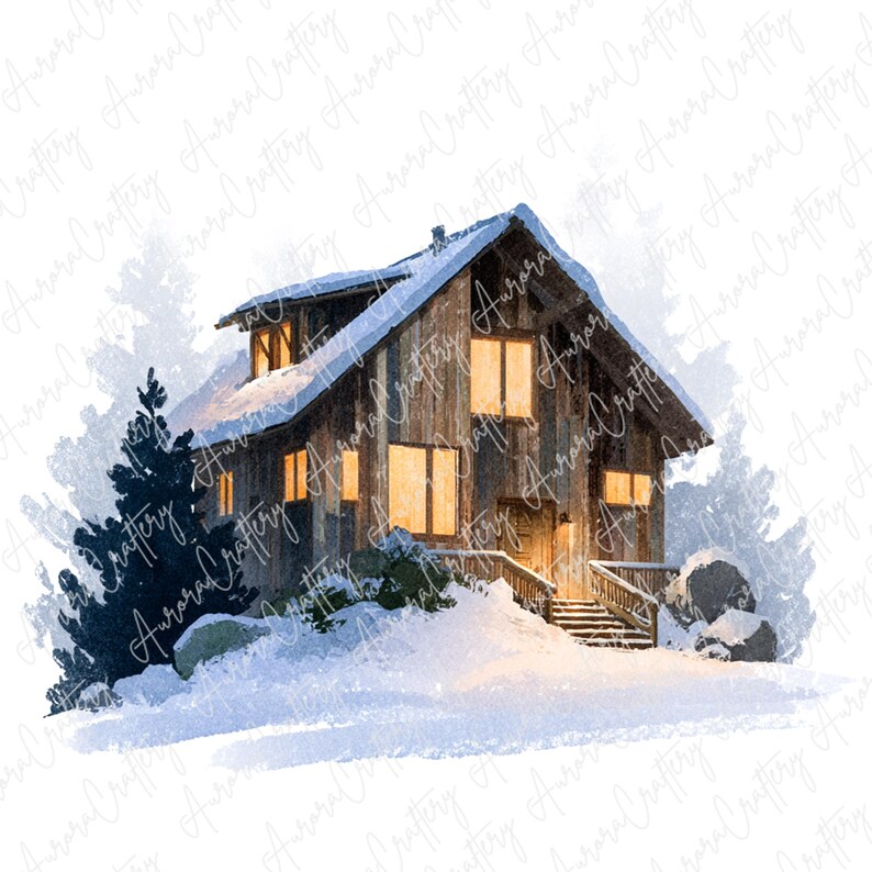 7 Watercolor Winter Cabin Clipart, Cozy Snowy Houses With Pine Trees ...