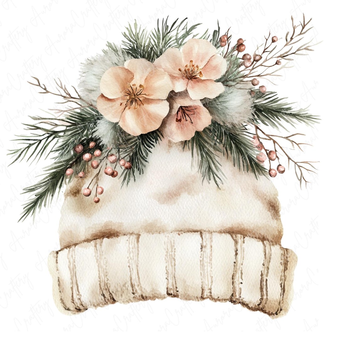 8 Festive Winter Hat Clipart, Floral Cozy Hats for Winter Craft ...