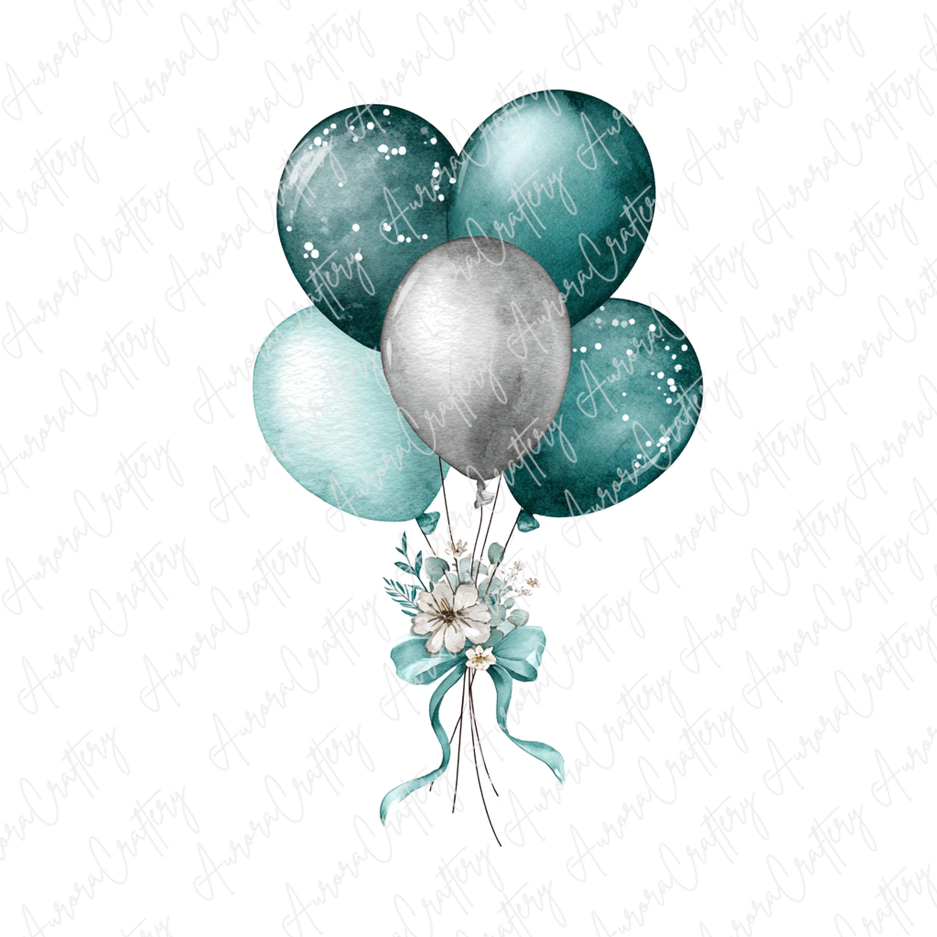 10 Watercolor Teal and Silver Balloon Clipart JPG, Balloon Bouquet With ...