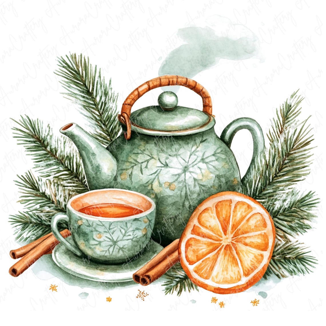 7 Watercolor Winter Teapot Clipart, Cozy Tea Sets With Oranges and ...