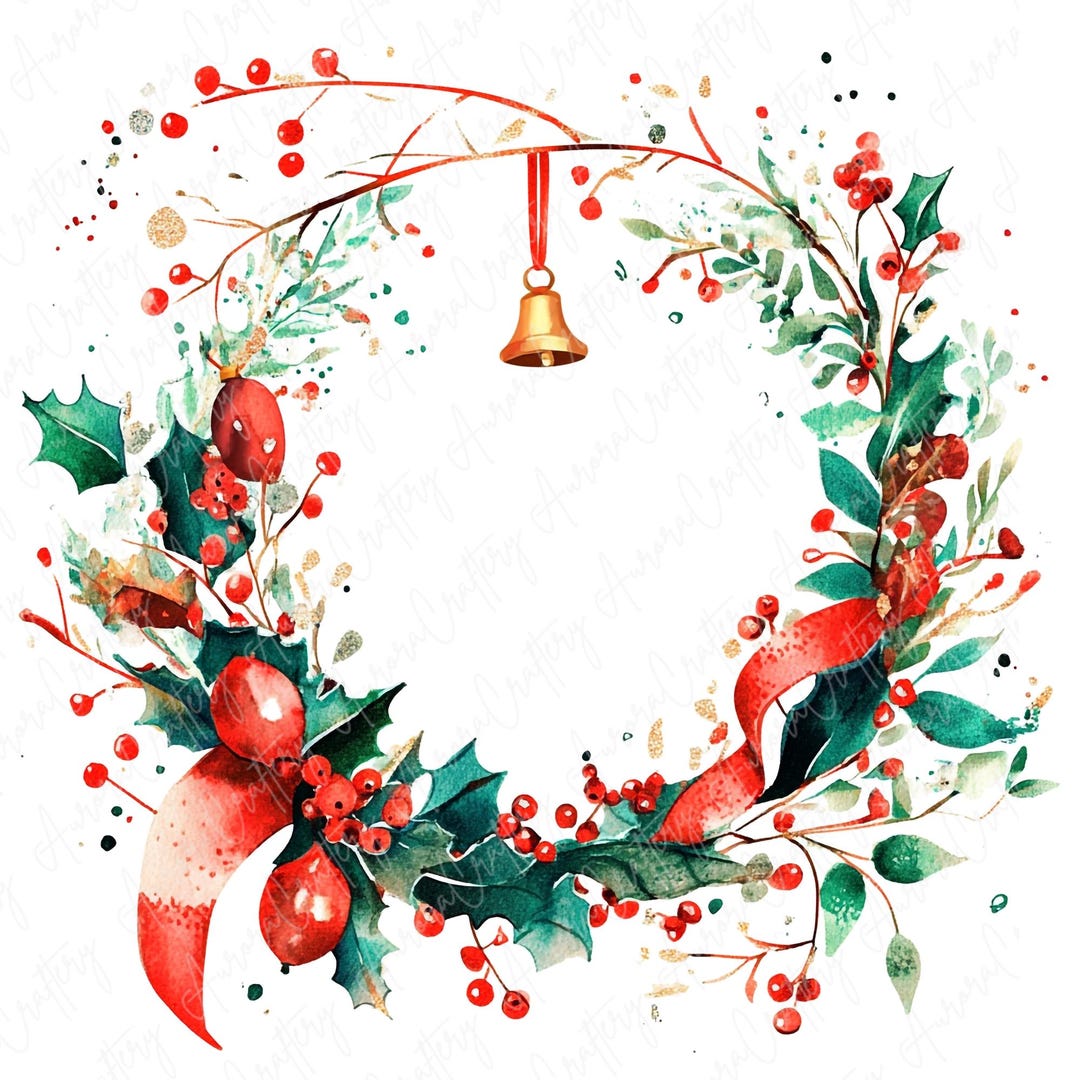8 Watercolor Festive Winter Wreath Clipart, Holiday Wreath With Bells ...