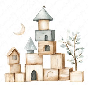 15 Baby Building Blocks Watercolor Clipart, Blue and Wooden Blocks ...