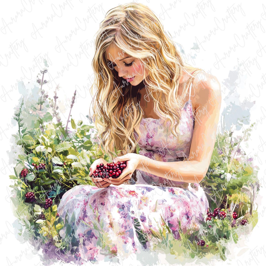 5 Watercolor Blonde Girl in Floral Dress, Cute Girl in Summer Dress ...