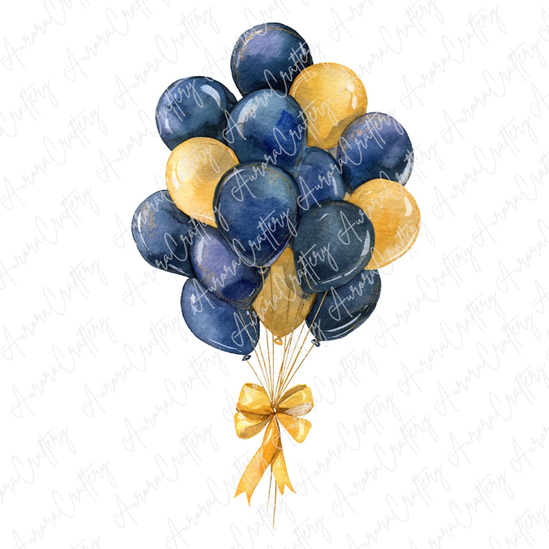 10 Watercolor Navy Balloon Clipart JPG, Gold and Blue Balloon Bouquet ...