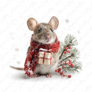 8 Watercolor Winter Mouse Clipart, Cute Mouse With Gift and Red Scarf ...
