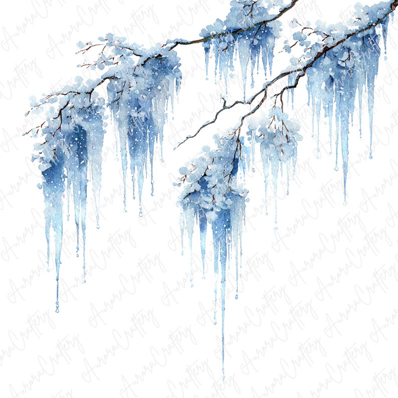 7 Watercolor Icicle Clipart , Snowy Branch With Ice JPG , Winter Nature ...