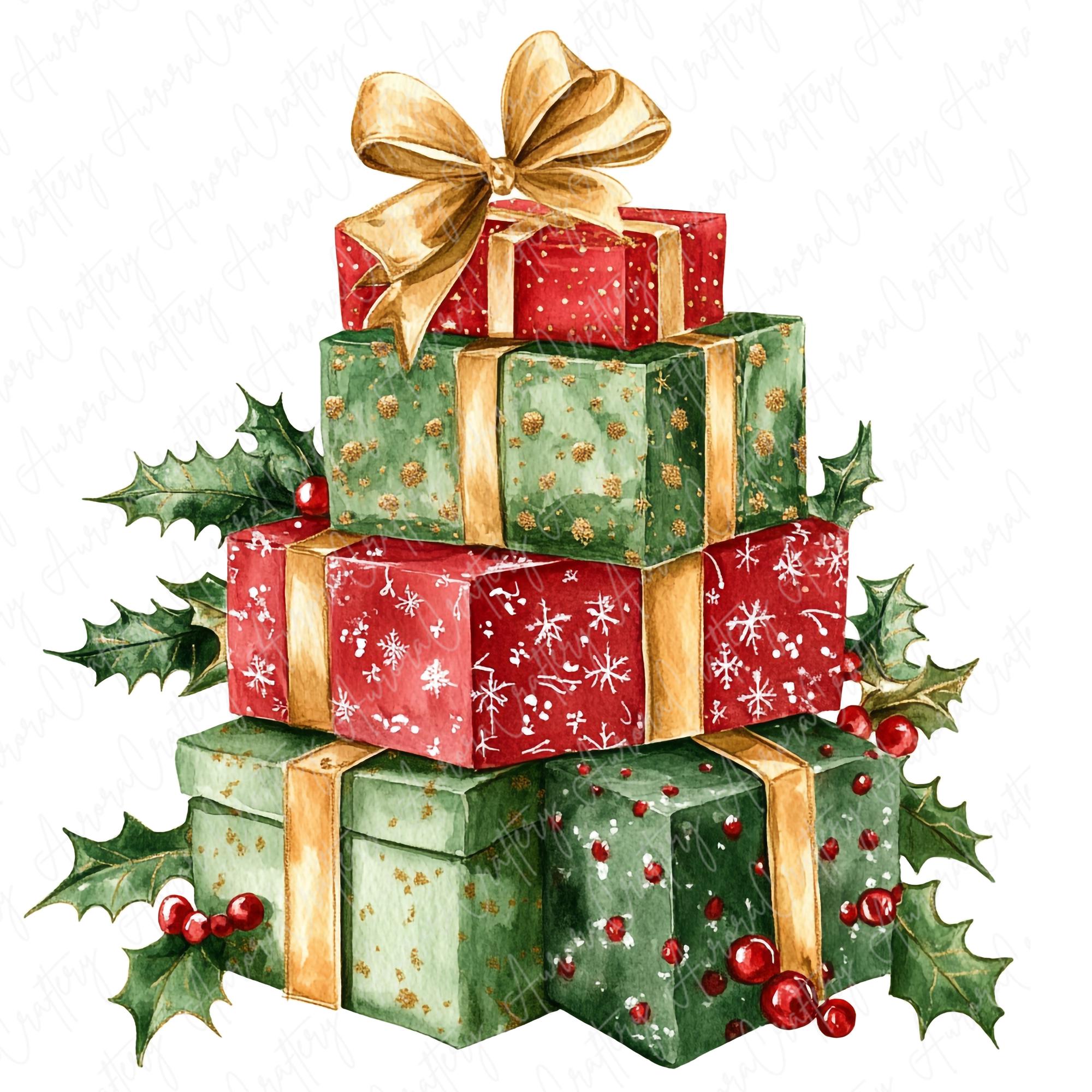 8 Watercolor Winter Gift Box Clipart, Festive Present Clipart, Red ...
