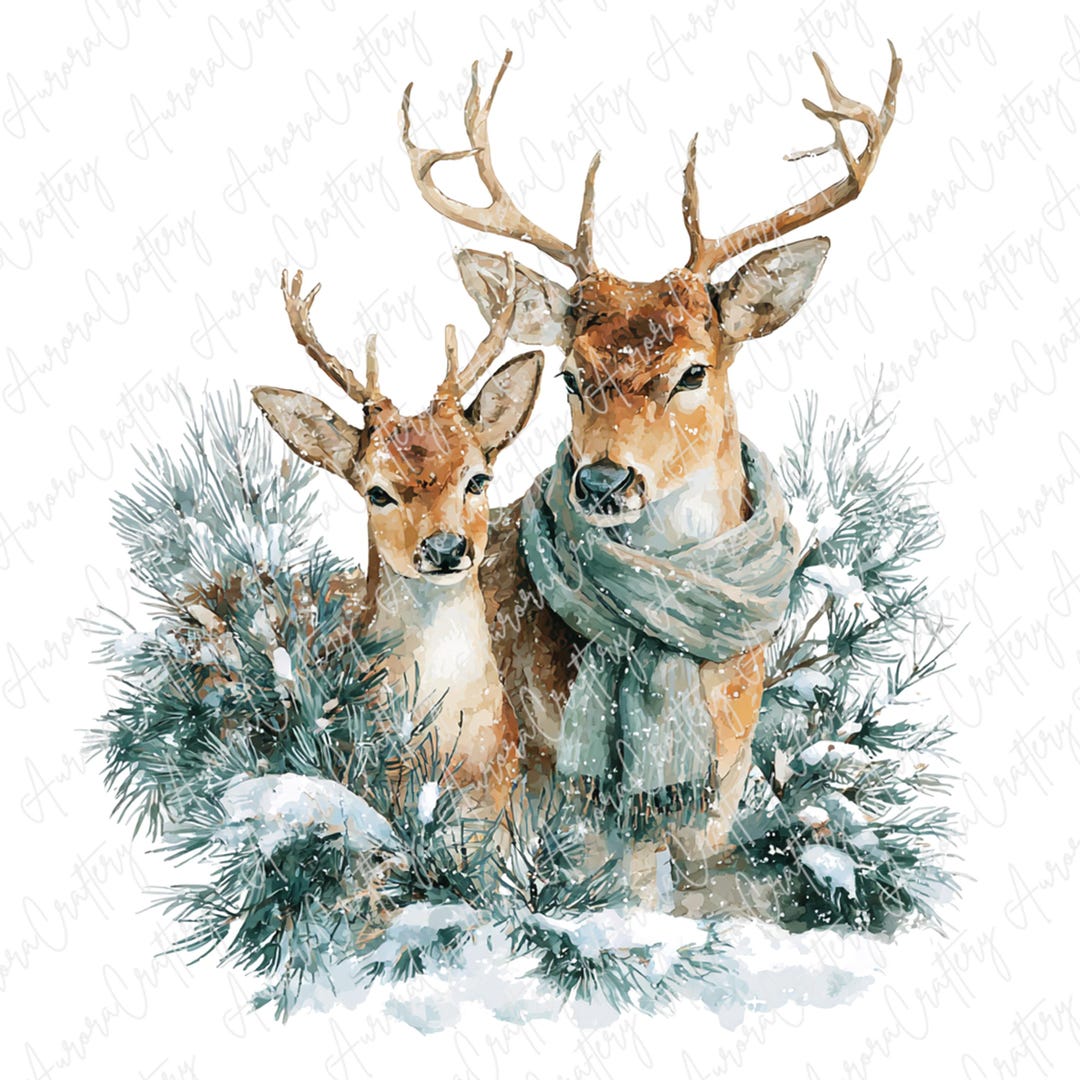 6 Watercolor Deer Clipart, Woodland Deer in Snow With Scarves and Pine ...
