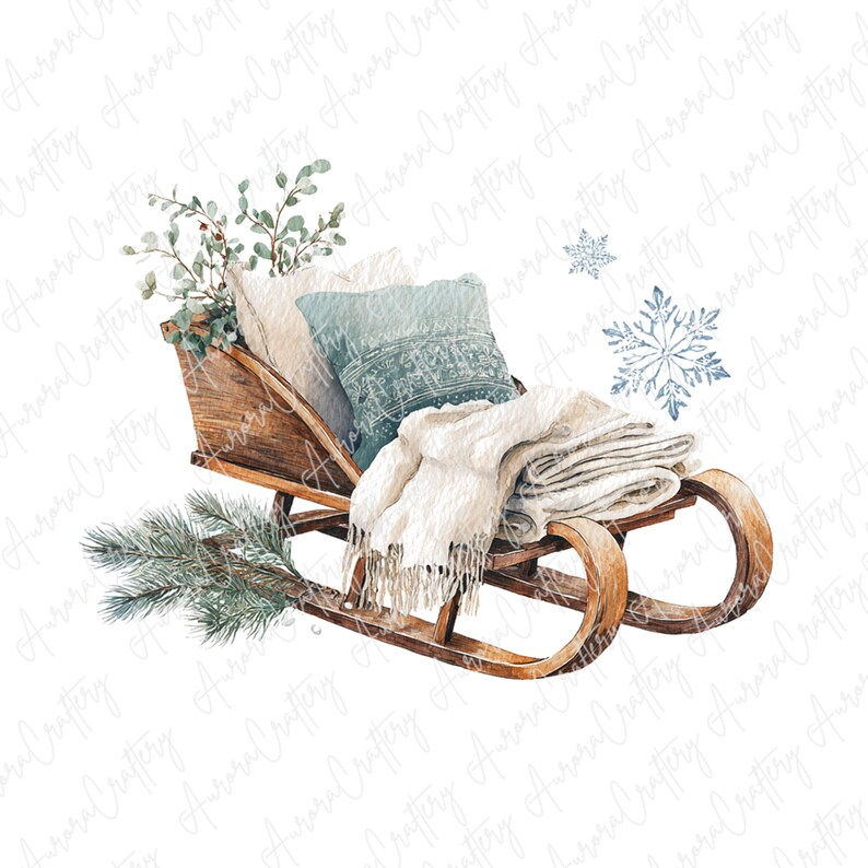 5 Watercolor Cozy Winter Sled Clipart, Wooden Sled With Blankets ...