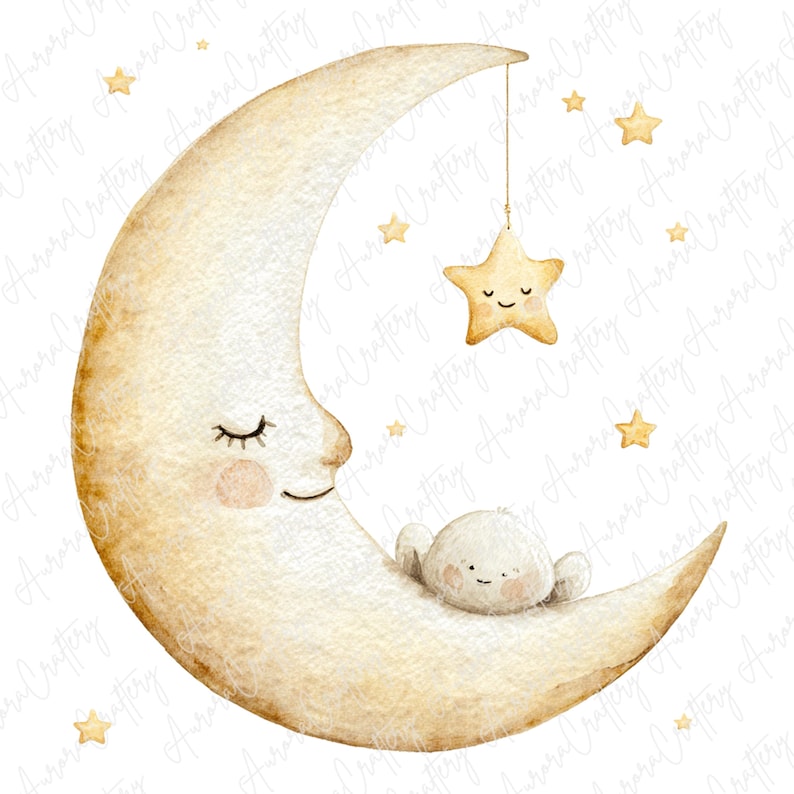 8 Watercolor Moon and Star Clipart, Cute Crescent Moon, Sleepy Nursery ...