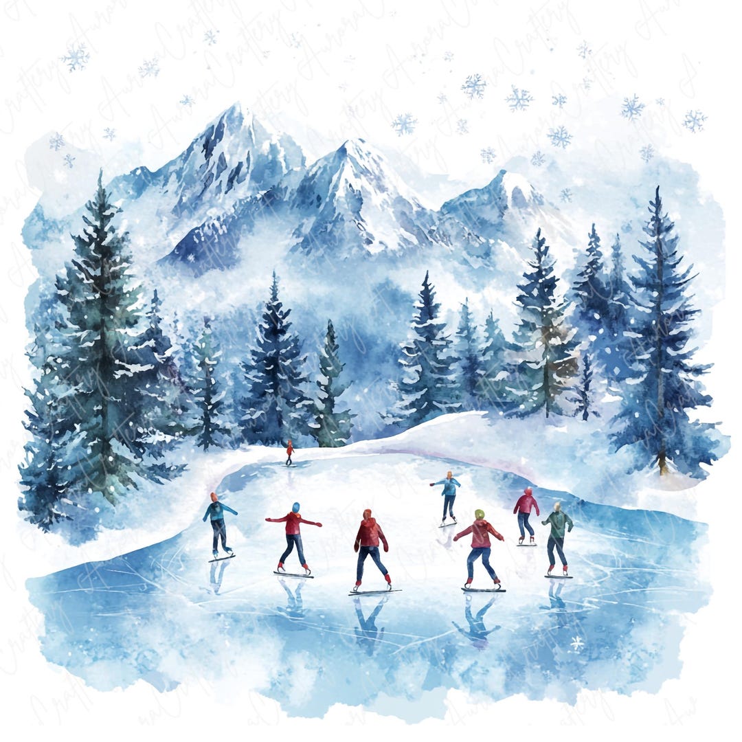 8 Watercolor Ice Skating Clipart, Snowy Mountain, Frozen Lake Winter ...