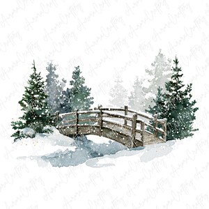 7 Watercolor Winter Bridge Clipart, Snowy Wooden Pathway With Pine ...