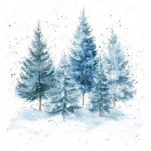 8 Winter Tree Clipart, Snowy Pine Tree, Snow on Trees Landscape, Blue ...