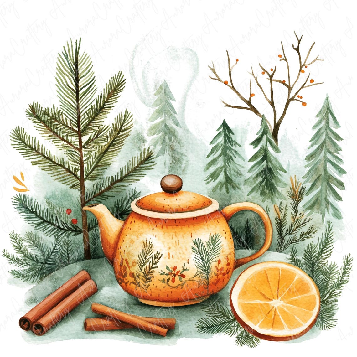 7 Watercolor Winter Teapot Clipart, Cozy Tea Sets With Oranges and ...