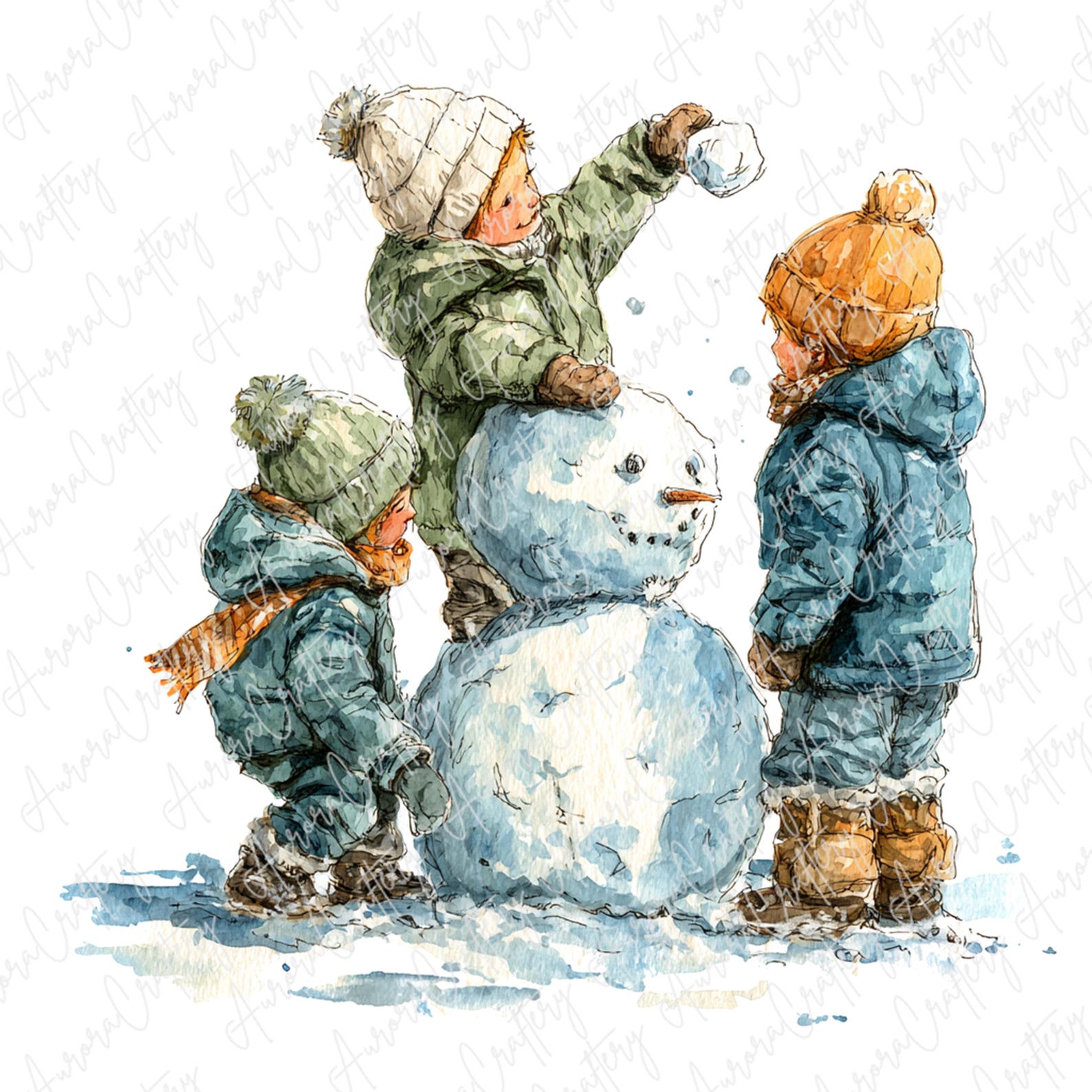 8 Watercolor Building Snowman Clipart , Kids in Winter Clothes JPG ...
