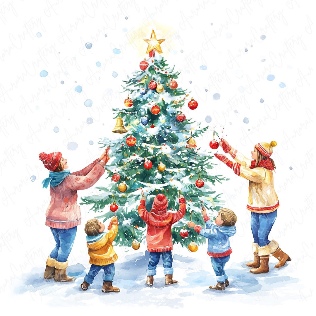 7 Winter Tree Decorating Clipart, Children Holiday Tree Clipart ...