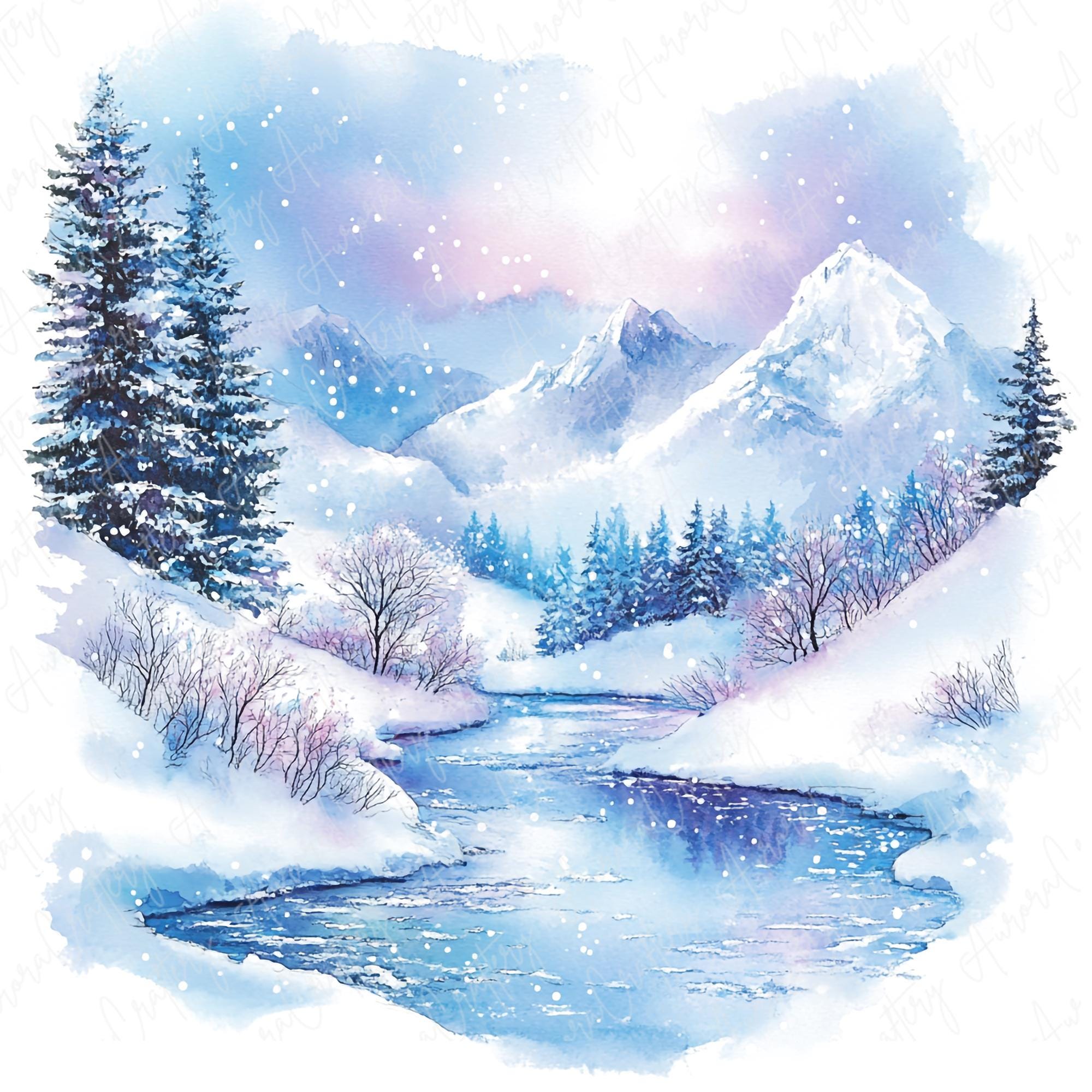 8 Watercolor Winter Mountain Clipart, Snowy Peaks, Icy Rivers, Scenic ...