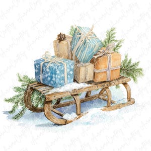 7 Watercolor Winter Sled Clipart, Wooden Sleigh With Gifts and Pine ...