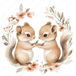 10 Watercolor Chipmunk Clipart, Woodland Chipmunk With Flowers, Forest ...