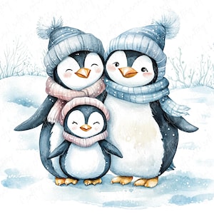 8 Watercolor Winter Penguin Clipart, Festive Penguin Family, Festive ...
