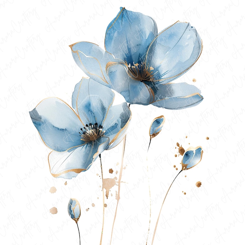 13 Abstract Blue Watercolor Floral Clipart Bundle, Soft Blue & Gold ...