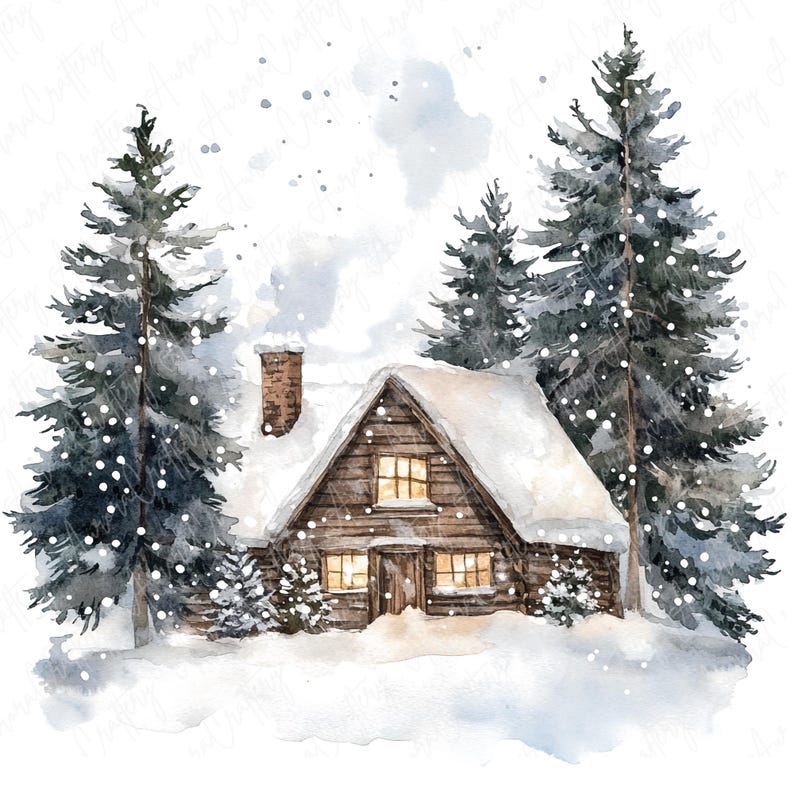 10 Watercolor Winter Cabin Clipart, Snowy Forest Cottages With Pine ...