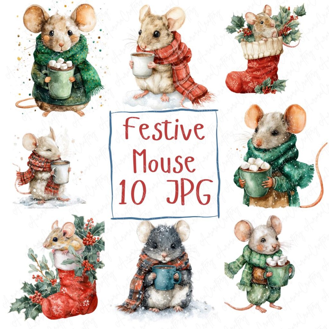 10 Watercolor Festive Mouse Clipart, Cozy Winter Mice With Cocoa and ...