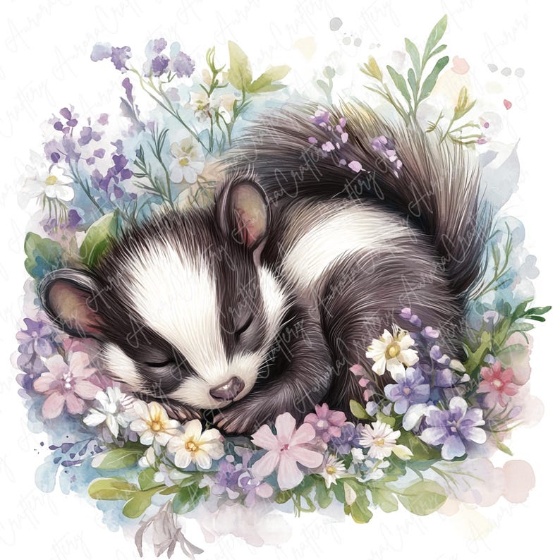 14 Watercolor Skunk Clipart, Floral Skunk Nursery Clipart, Woodland ...