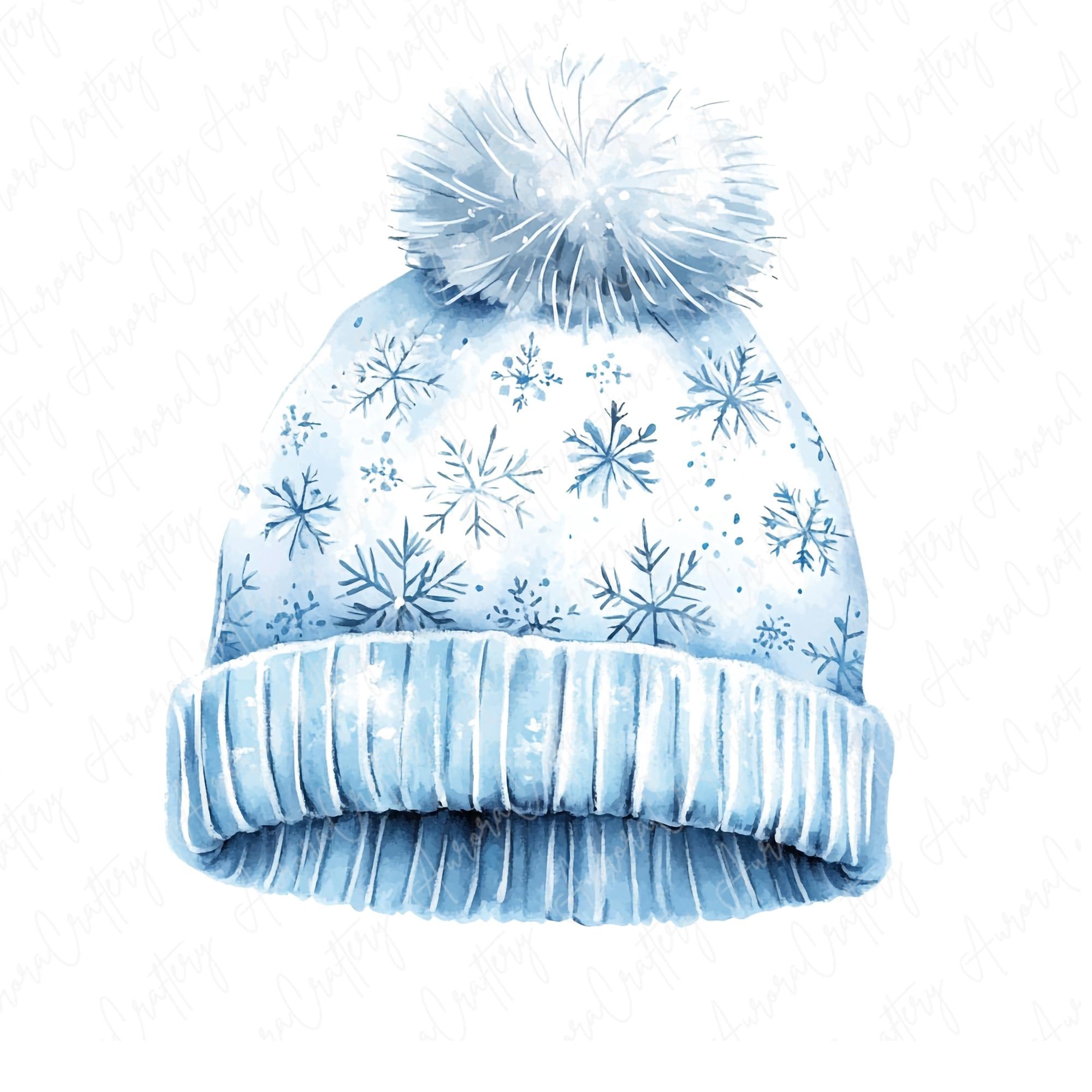 5 Watercolor Winter Knit Hat Clipart, Blue Beanies With Snowflakes ...