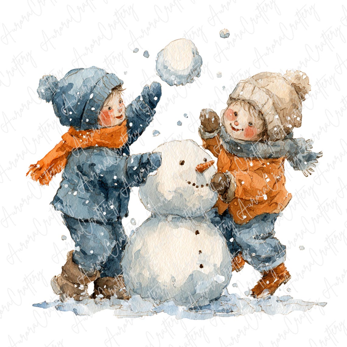 8 Watercolor Building Snowman Clipart , Kids in Winter Clothes JPG ...