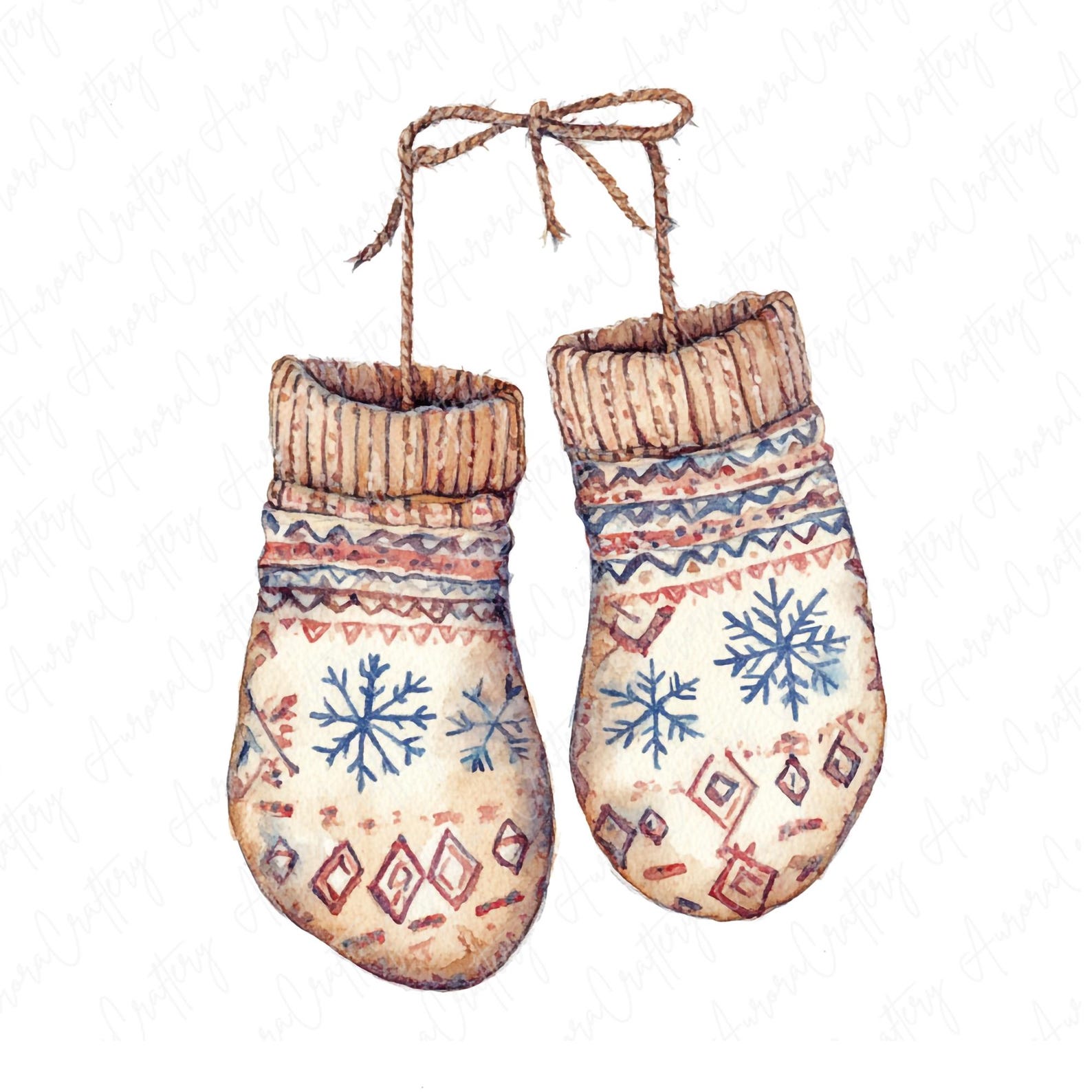 10 Winter Knitted Mitten Clipart, Festive Snowflake Mittens With Rustic ...