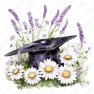 4 Watercolor Floral Graduation Cap Clipart, Purple Grad Hat With ...