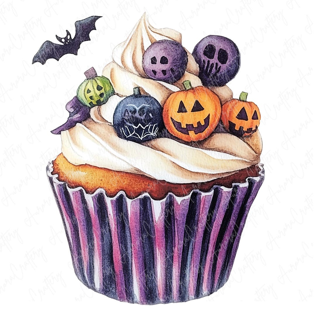 8 Spooky Cupcake Clipart, Cute Pumpkin Cupcake, Bats, Ghosts, Skulls ...