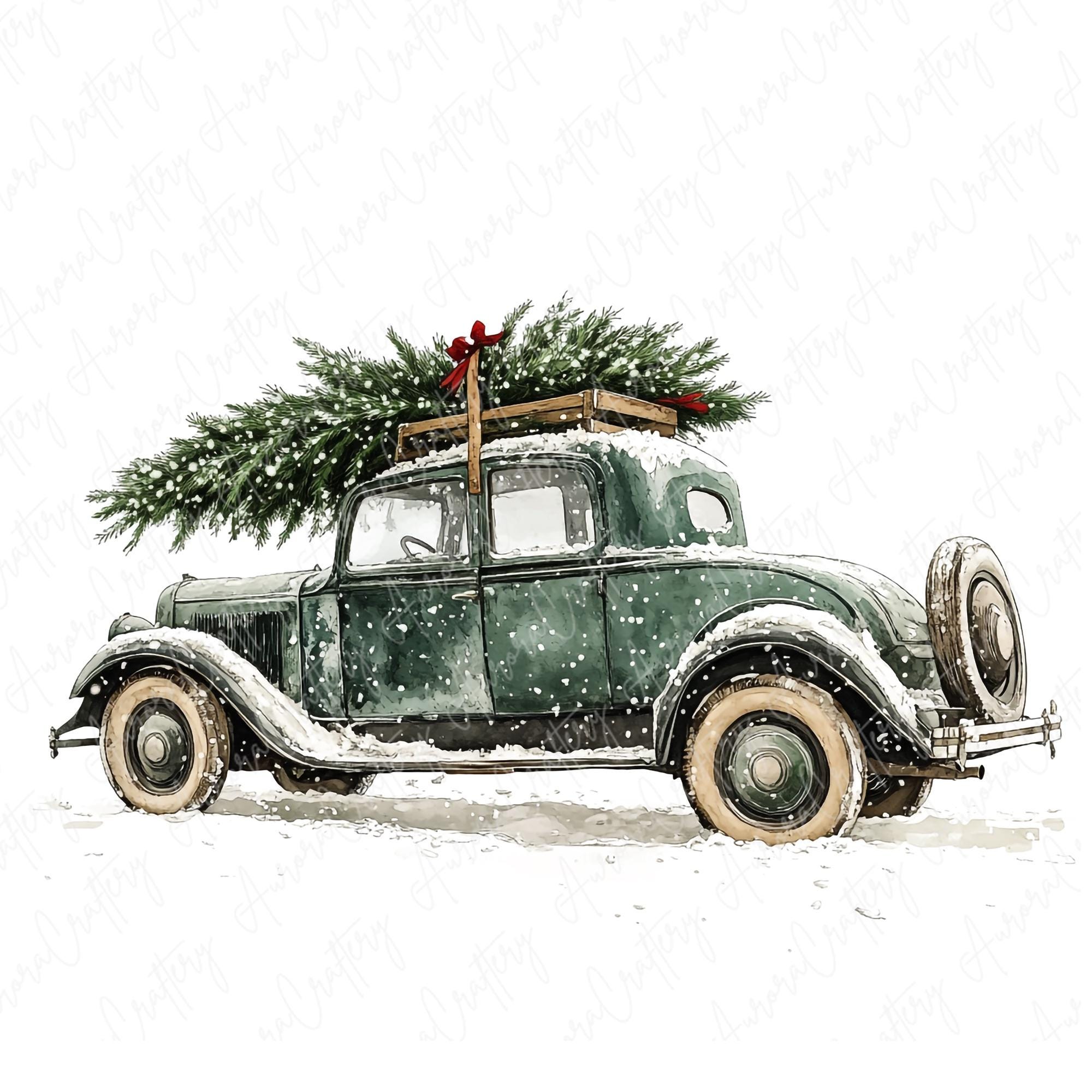 10 Festive Car Clipart, Vintage Cars With Winter Trees, Festive Tree ...