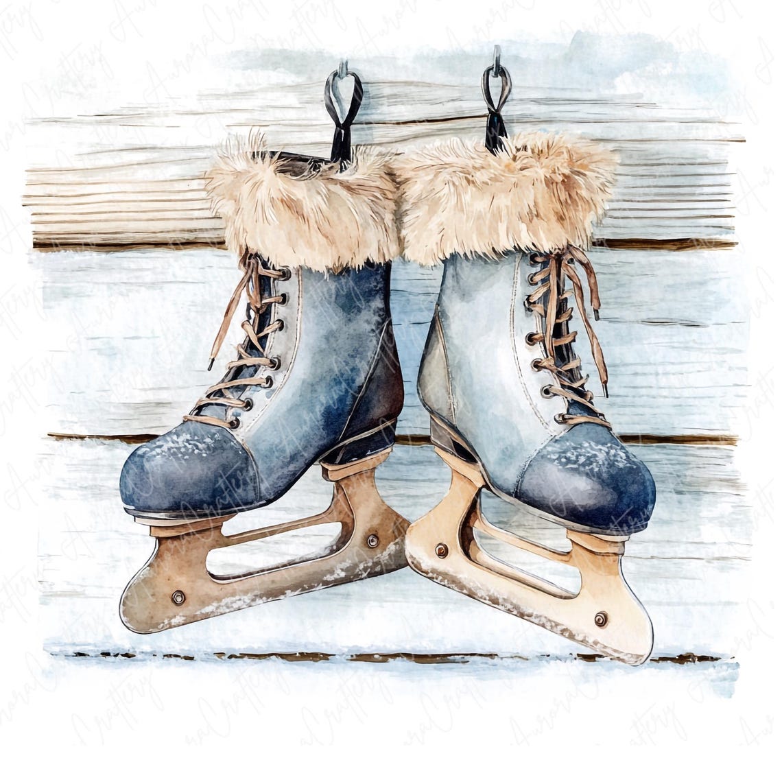 6 Winter Ice Skates Clipart, Cozy Vintage Ice Skates on Wood, Festive ...