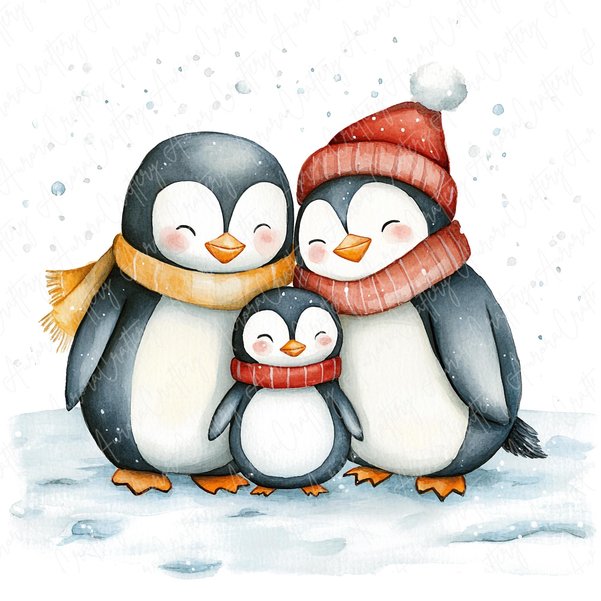 8 Watercolor Winter Penguin Clipart, Festive Penguin Family, Festive ...