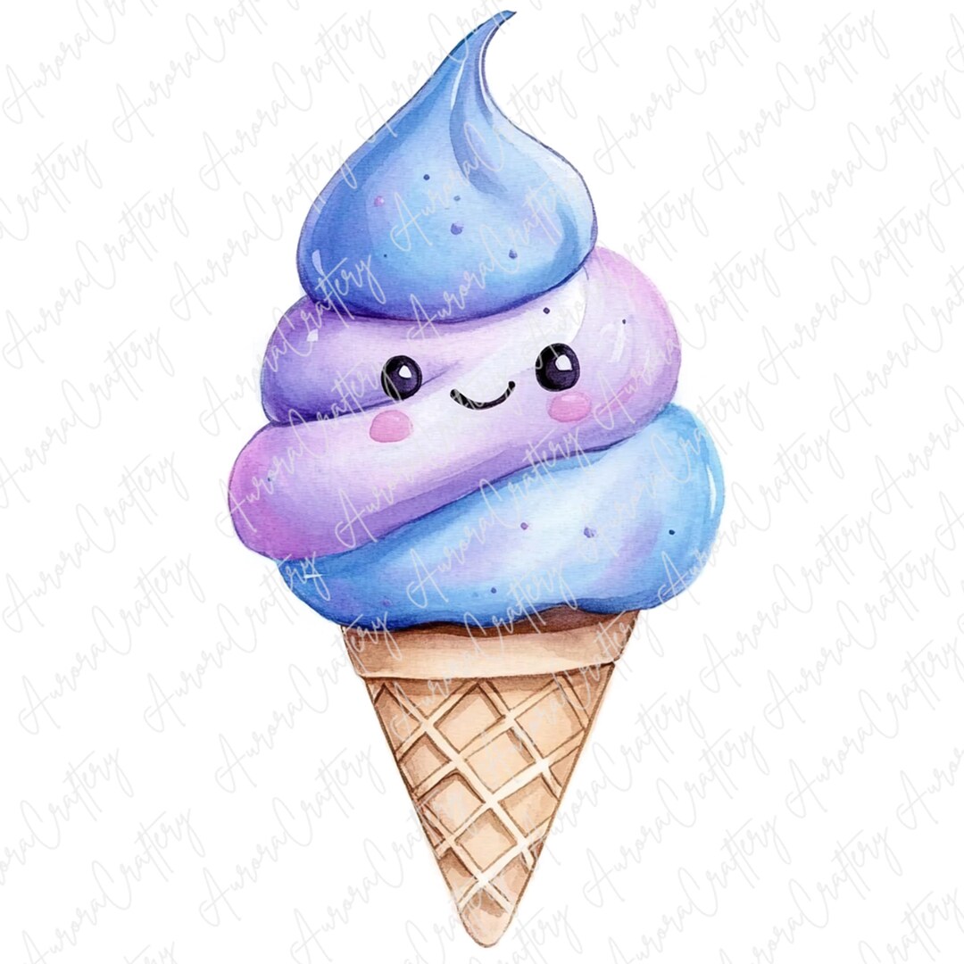 8 Watercolor Ice Cream Clipart, Cute Cone With Swirl Face, Blue Pink ...